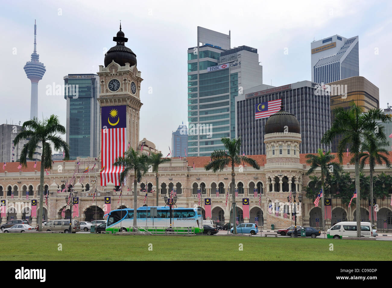Malaysian flags cover the colonial buildings in Central Padang, Kulala ...