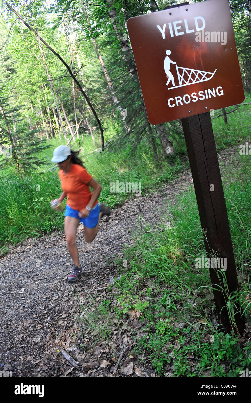 Female jogger runs past a dog sled crossing sign on the Far North ...