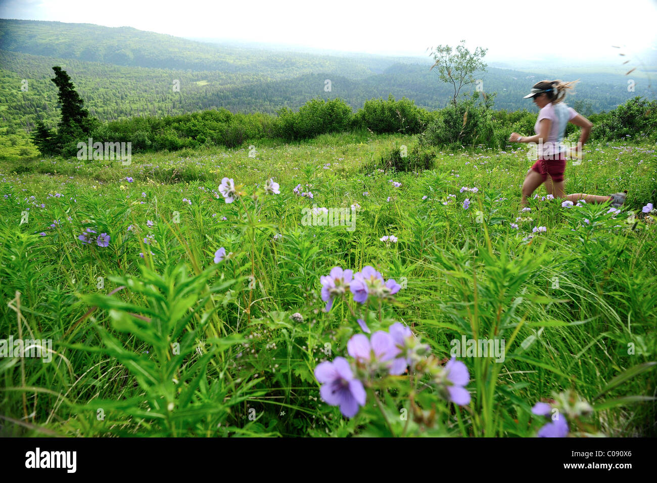 Female jogger runs the Near Point Trail in Chugach State Park near ...