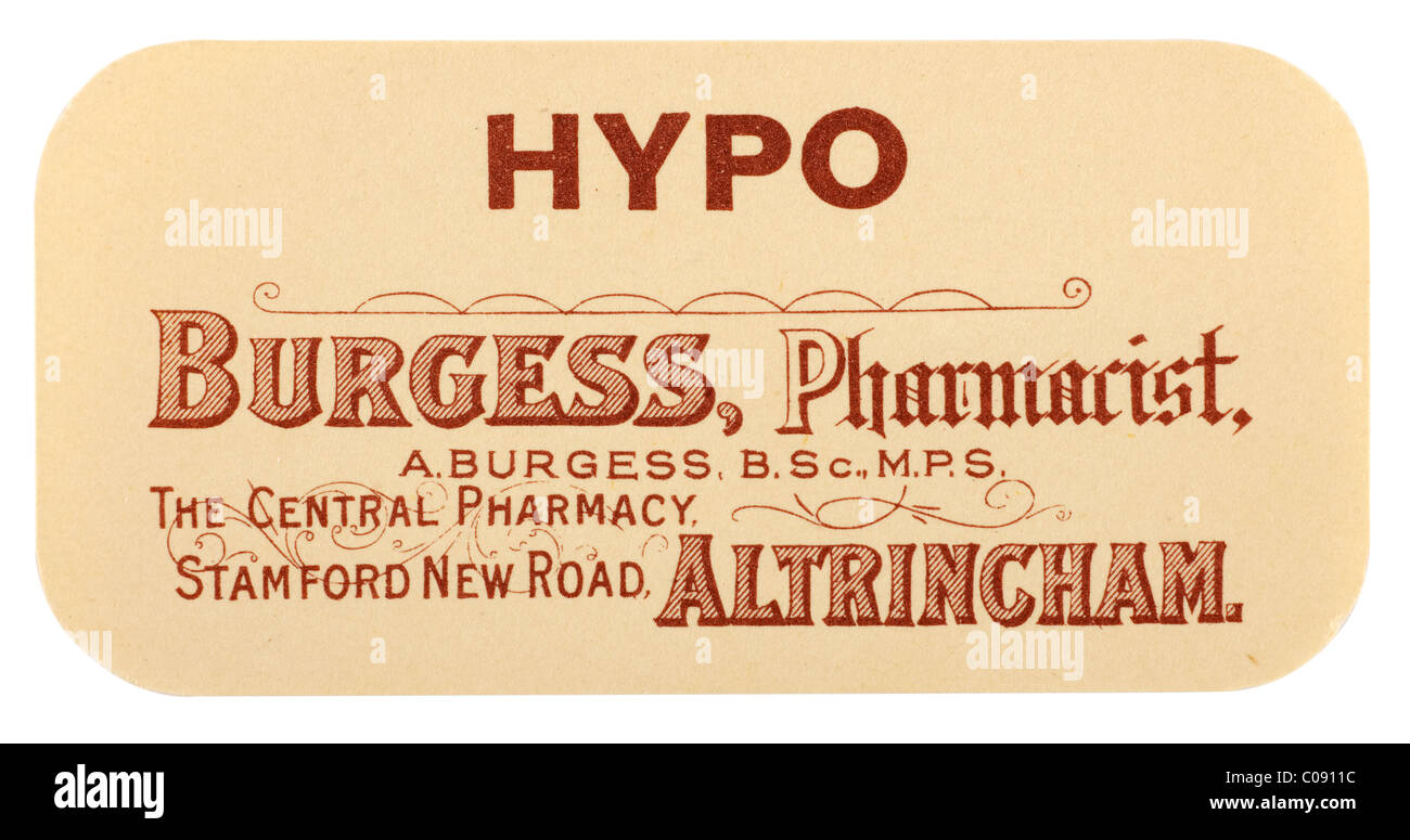 Old vintage chemist label for Hypo from A H Burgess of Altrincham ...