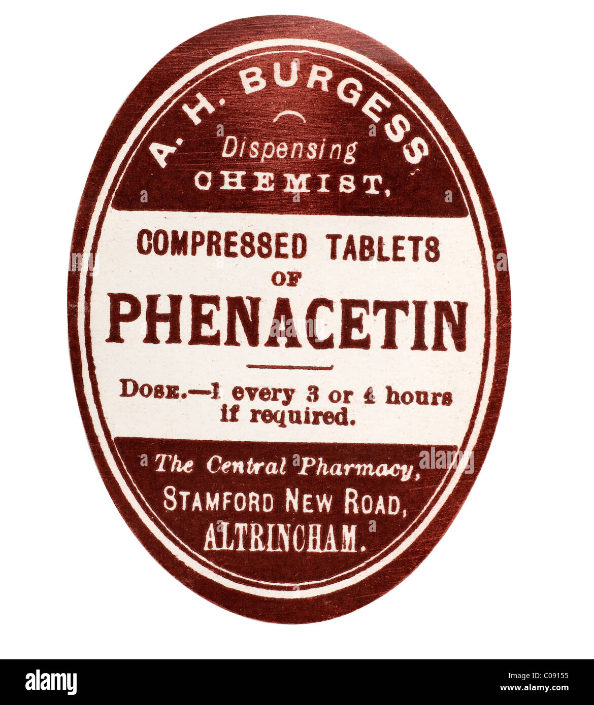 Old vintage chemist label for Phenacetin from A H Burgess of Altrincham ...