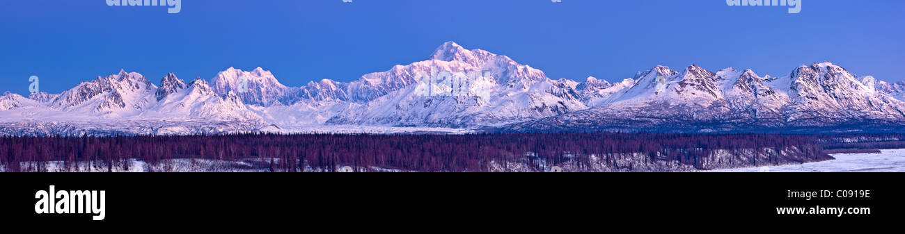 Panoramic view of sunrise over Mt. McKinley and the Alaska Range, Denali State Park ...