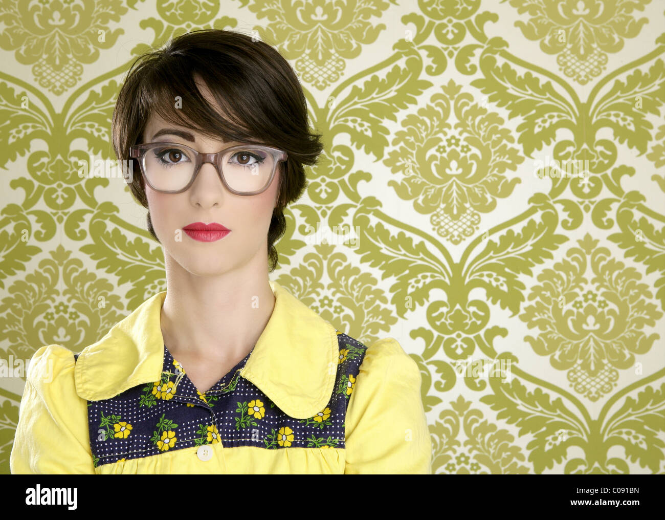 nerd woman retro portrait 70s wallpaper vintage housewife Stock Photo ...