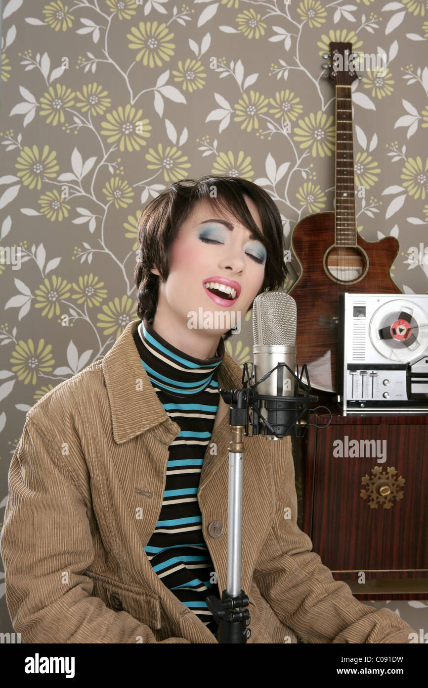 retro 60s singer woman microphone guitar reel tape in wallpaper ...
