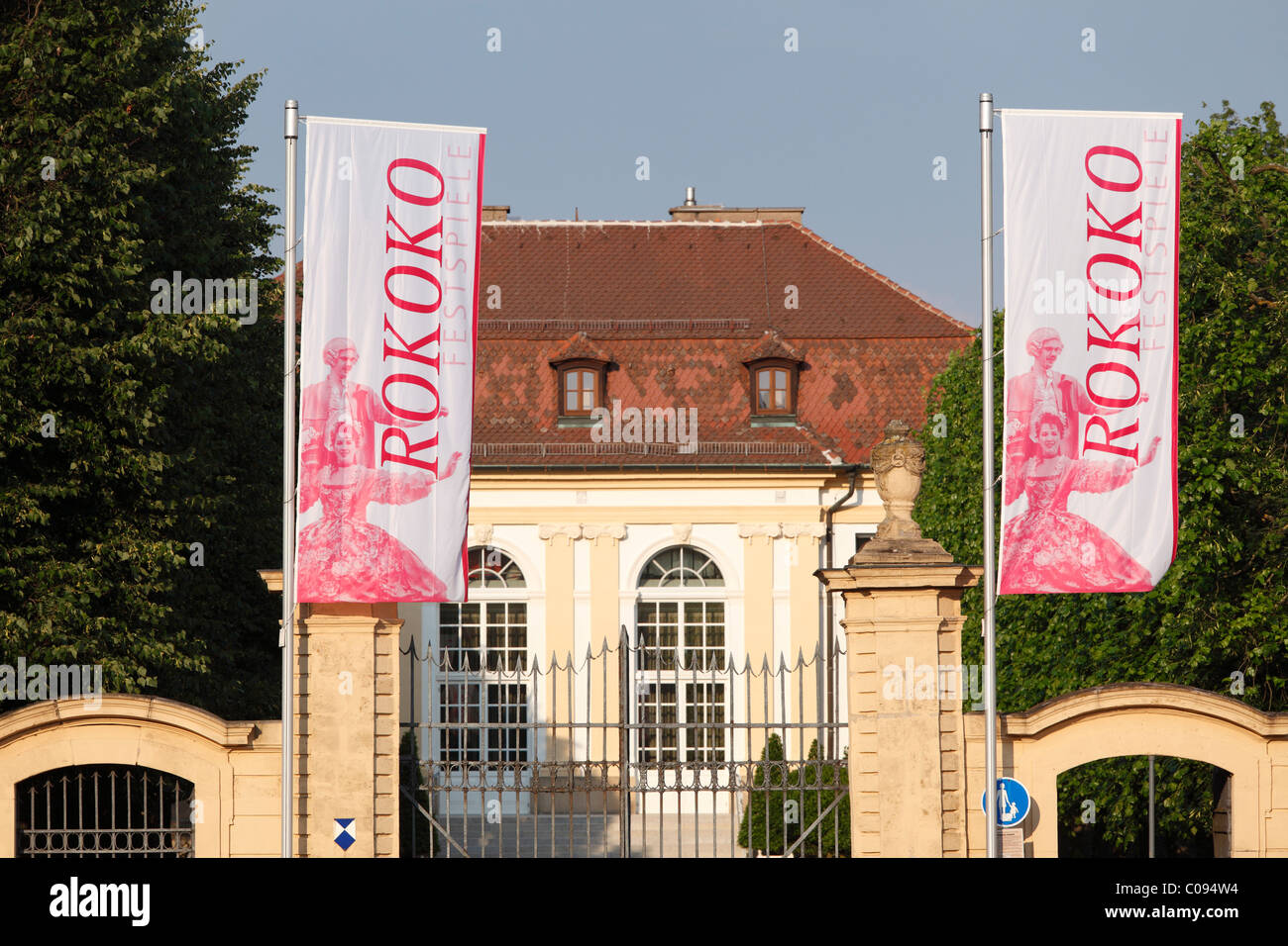 Orangery with flags for a Rococo Festival in Hofgarten, Ansbach, Middle ...
