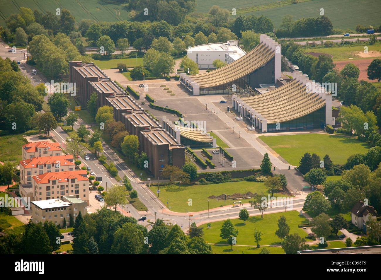 Aerial view, town hall, Europaplatz street, Castrop-Rauxel, Ruhr area ...