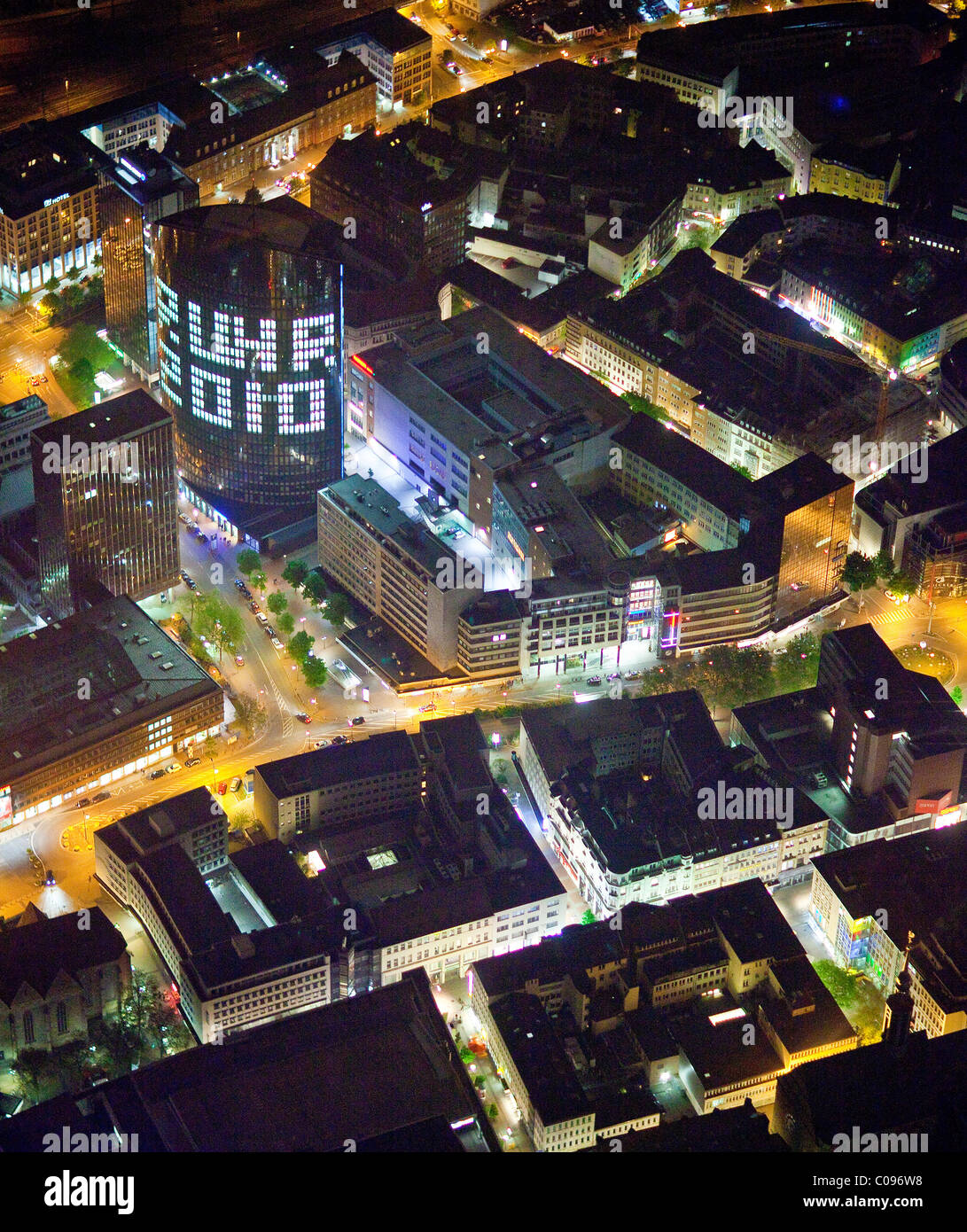 Aerial view, night shot, RWE-Tower with RUHR.2010 writing, Dortmund ...