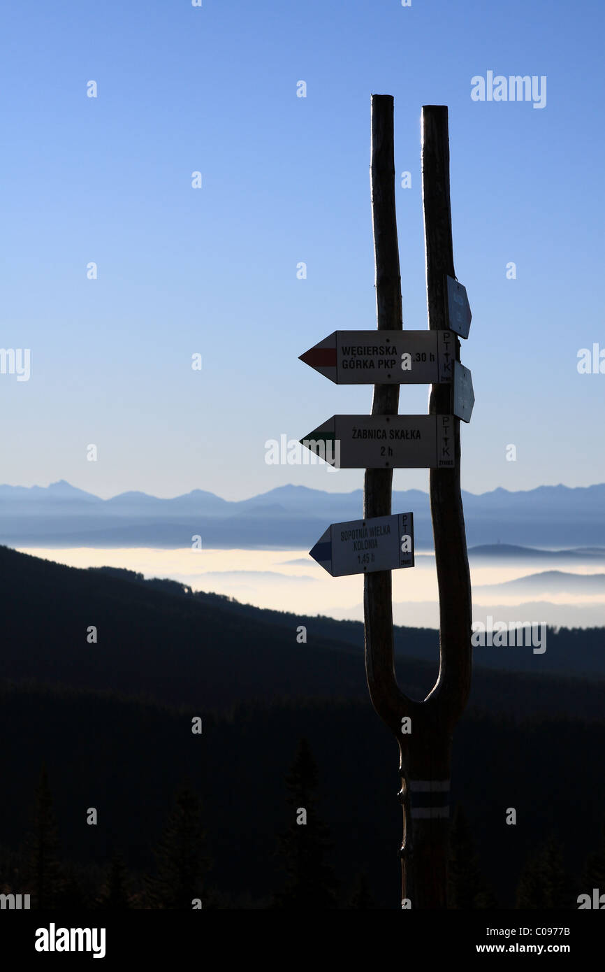 Direction sign on a mountain hiking trail. Beskidy Mountains. Poland ...