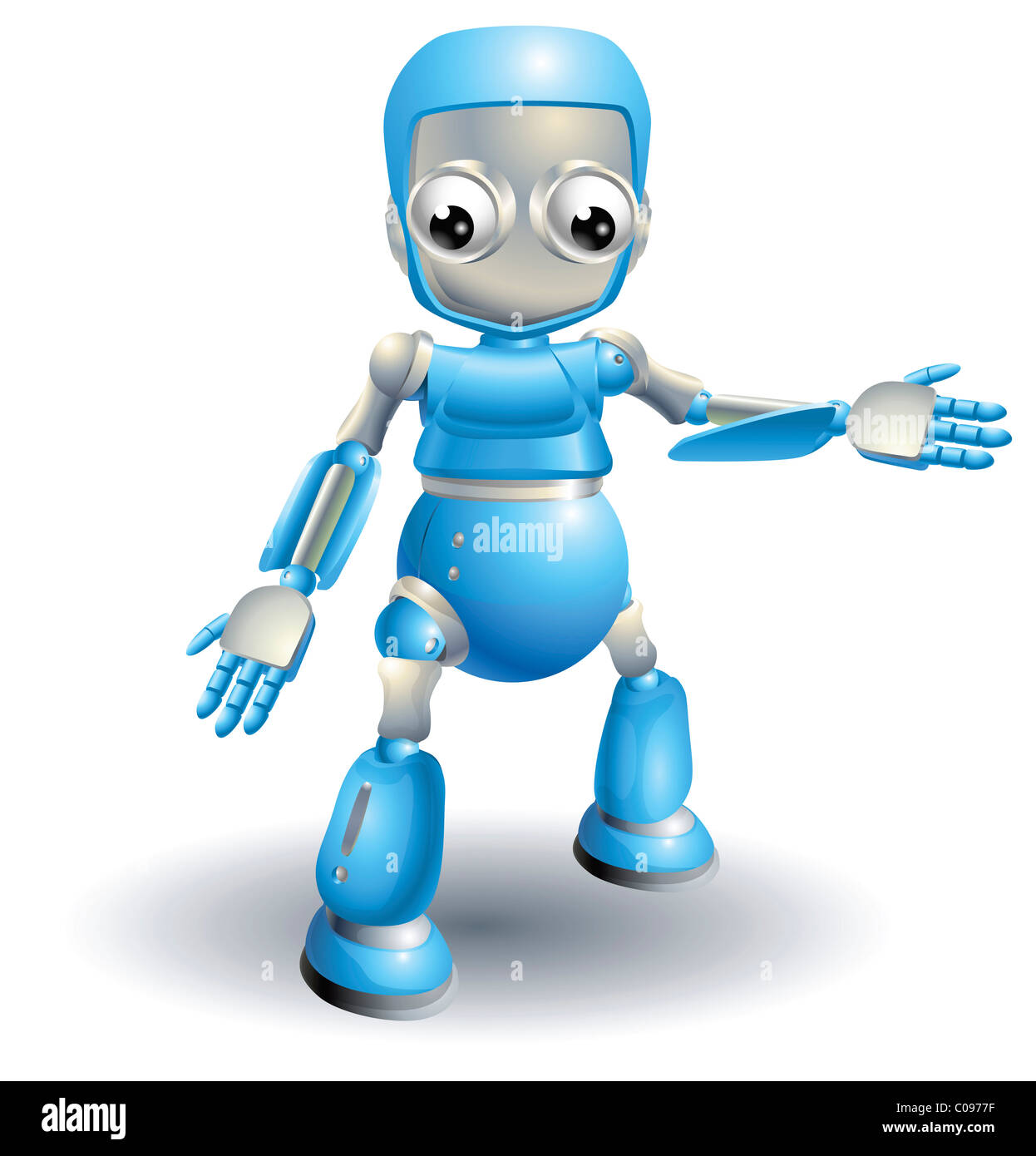 A cute blue robot character showing the viewer something with a hand ...