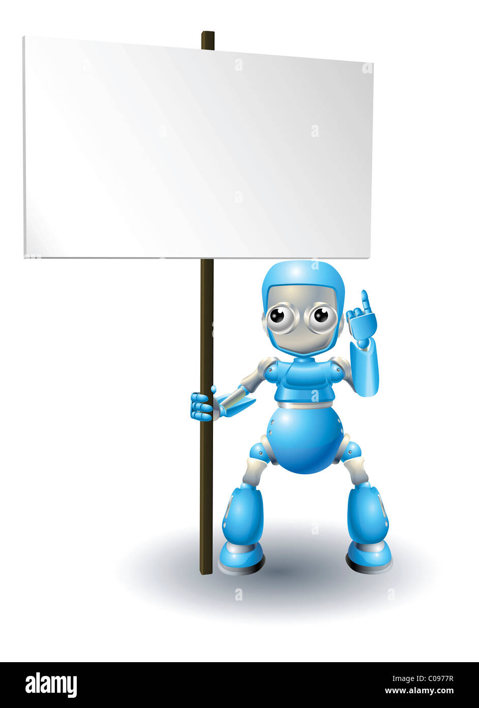 A cute blue robot character holding up a sign and pointing to it Stock ...