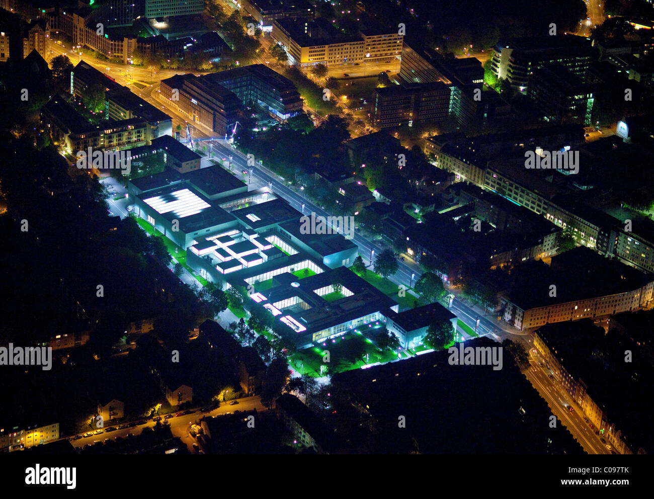 Aerial view, night shot, Museum Folkwang art museum, Essen, Ruhrgebiet ...