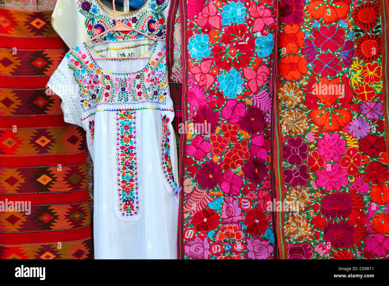 colorful Mexican serape embroidery fabric and Chiapas dress Mexico ...