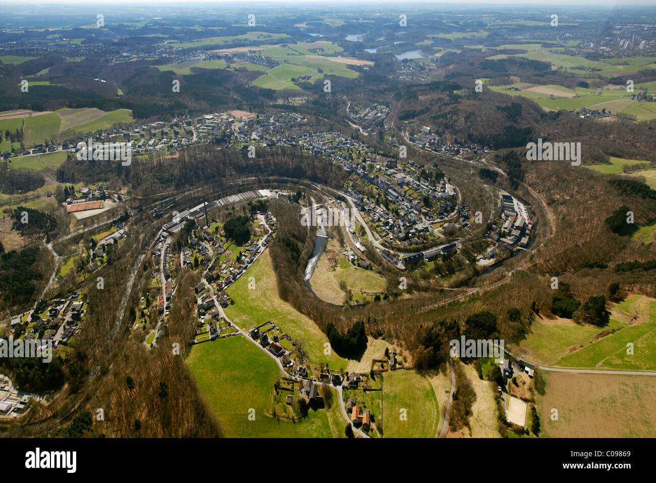 Aerial view, Wupper River, loop of the Wupper River, Ennepetal ...