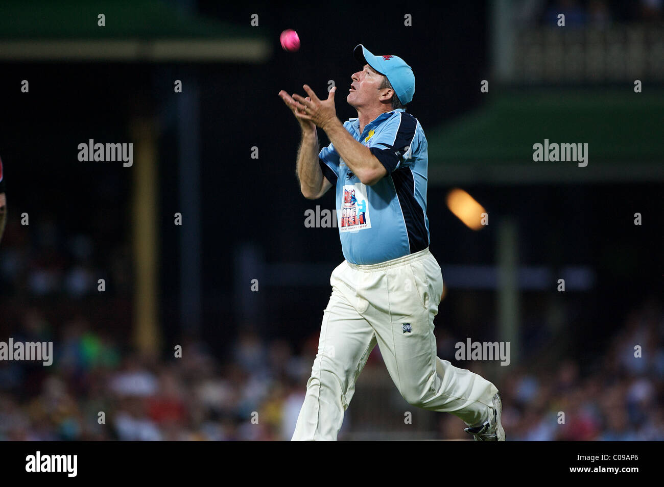 Steve Waugh drops a catch in front of Sir Michael Parkinson during ...