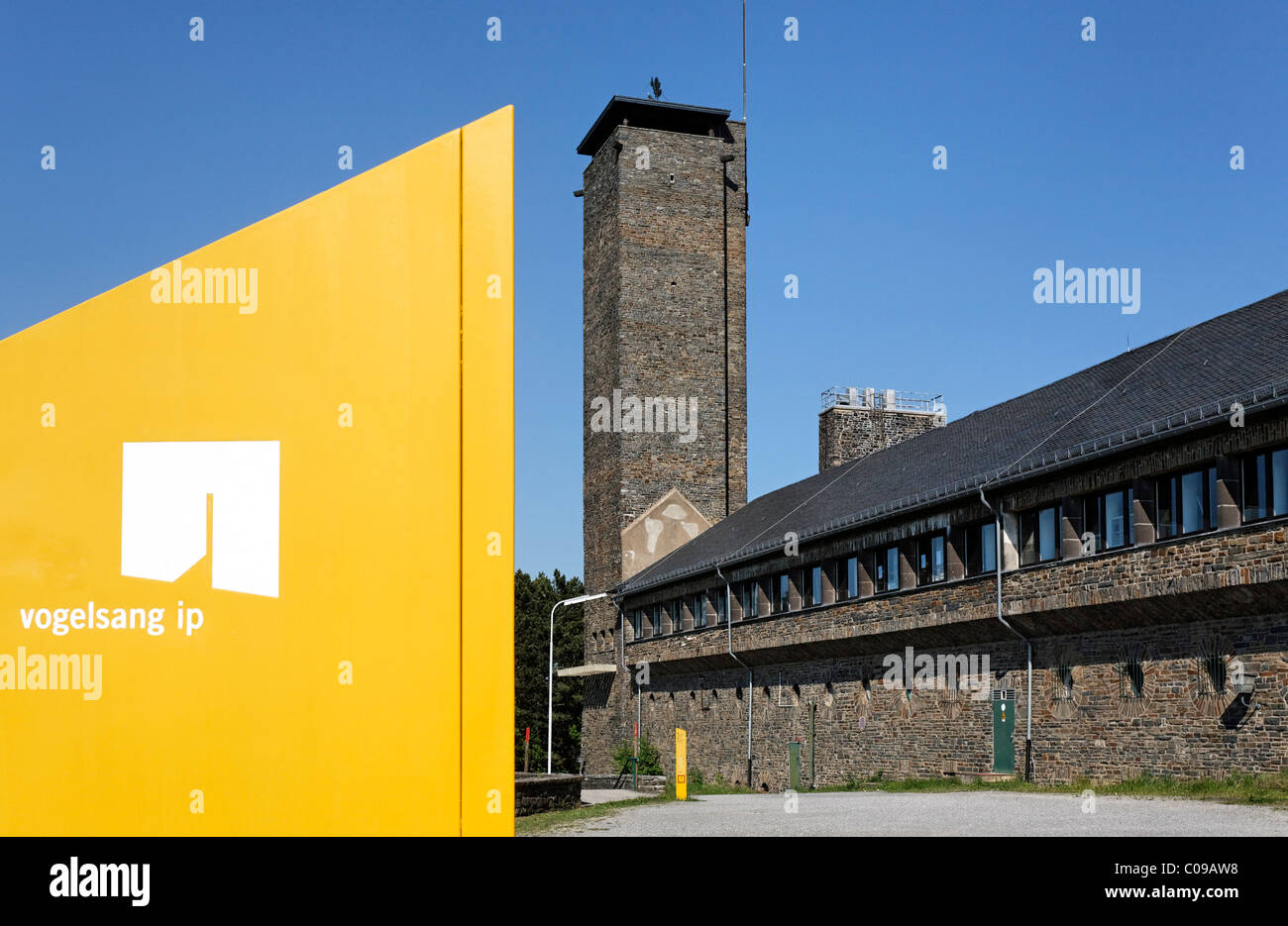 Former NS-Ordensburg, modern design object with a gateway and the logo ...