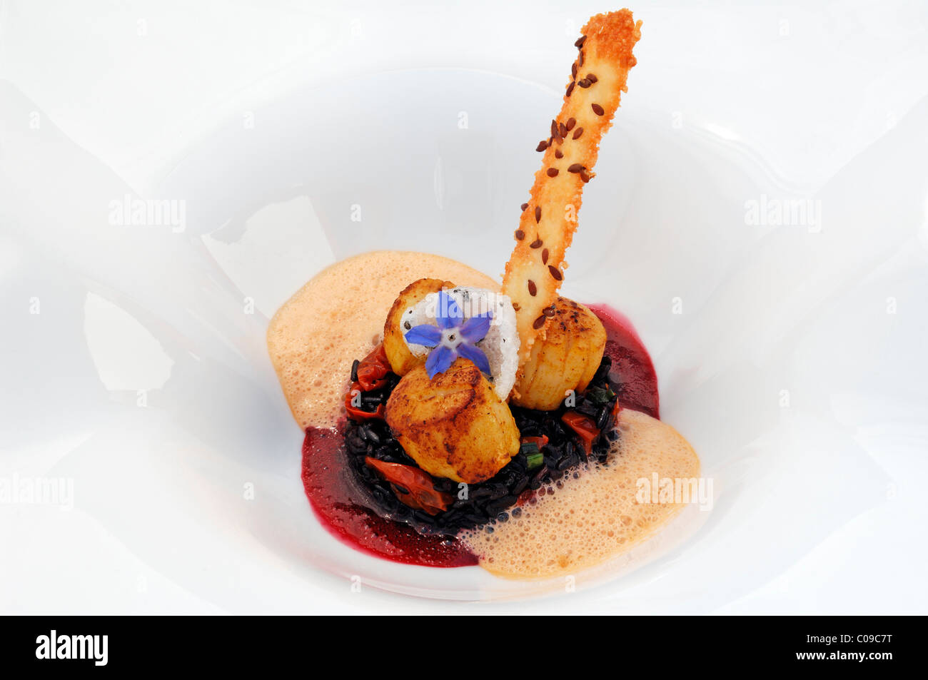 Scallop on Venere risotto with Parmesan chip and lobster mousse on a ...