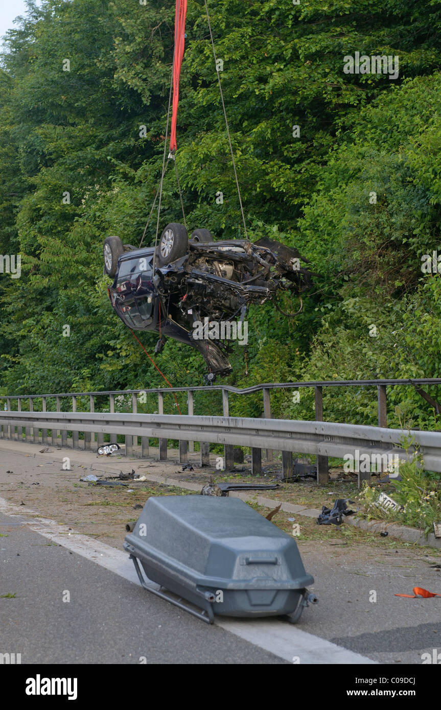 Coffin and auto wreck on the B 27 after a traffic accident with two ...