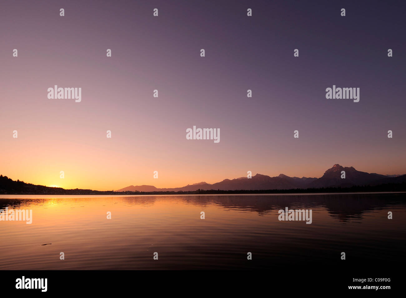 Blue hour with mountain lake and alpine peaks, Hopfensee lake, Bavaria ...