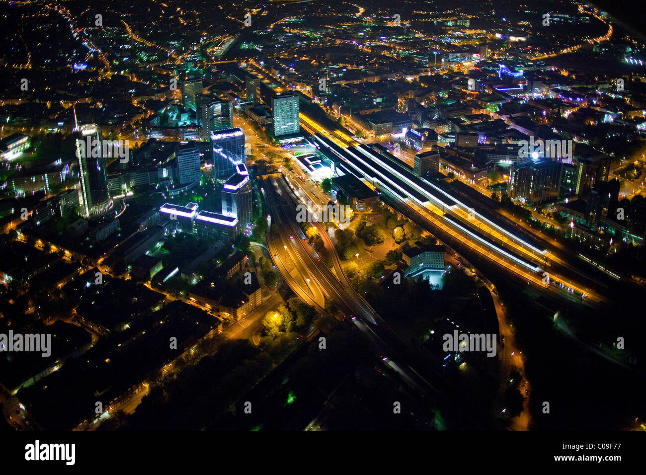 Aerial view, night shot, downtown with main train station, Essen ...