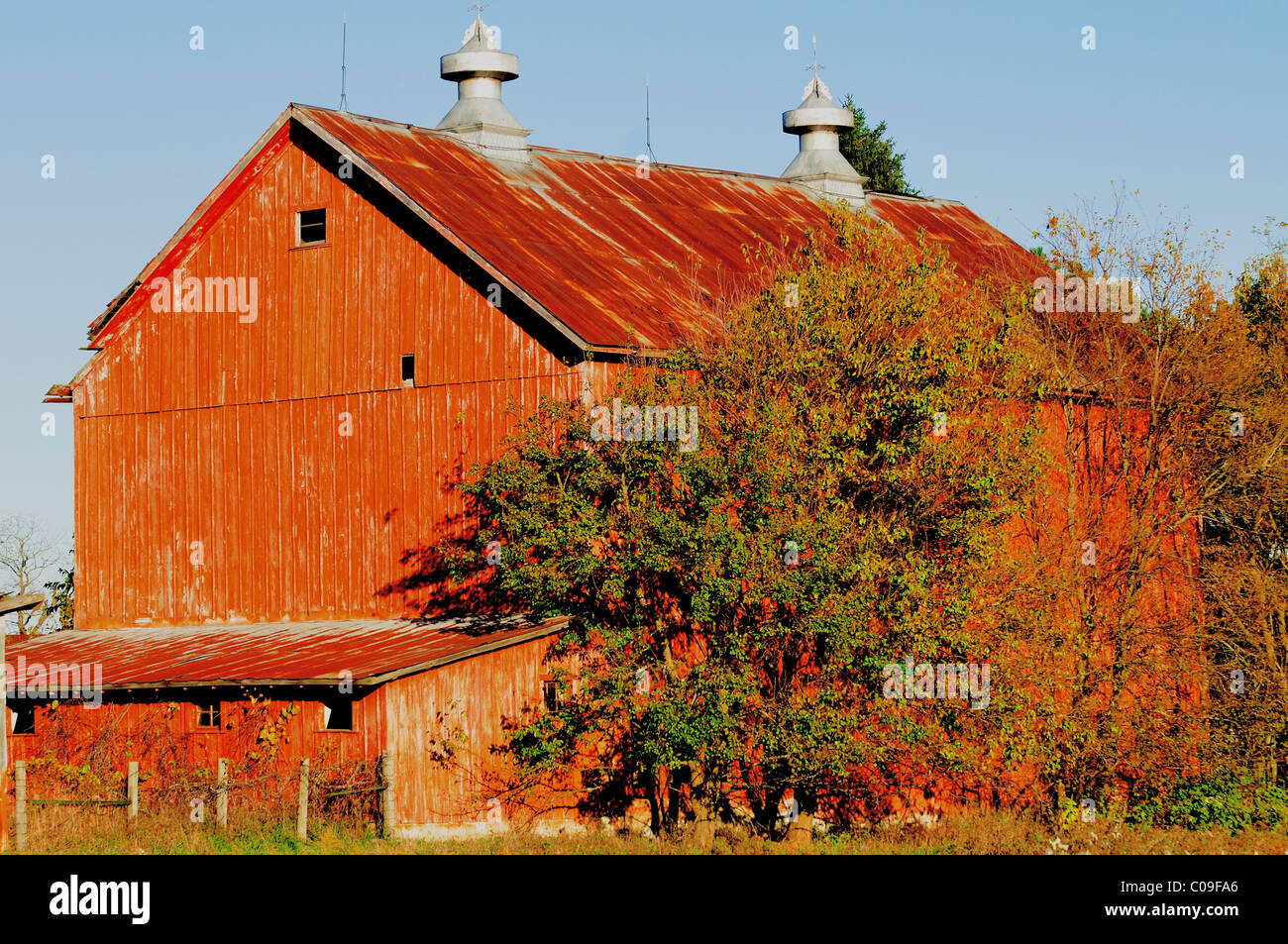 Hampshire, Illinois, USA. A rustic, now orange barn with rusty metal ...