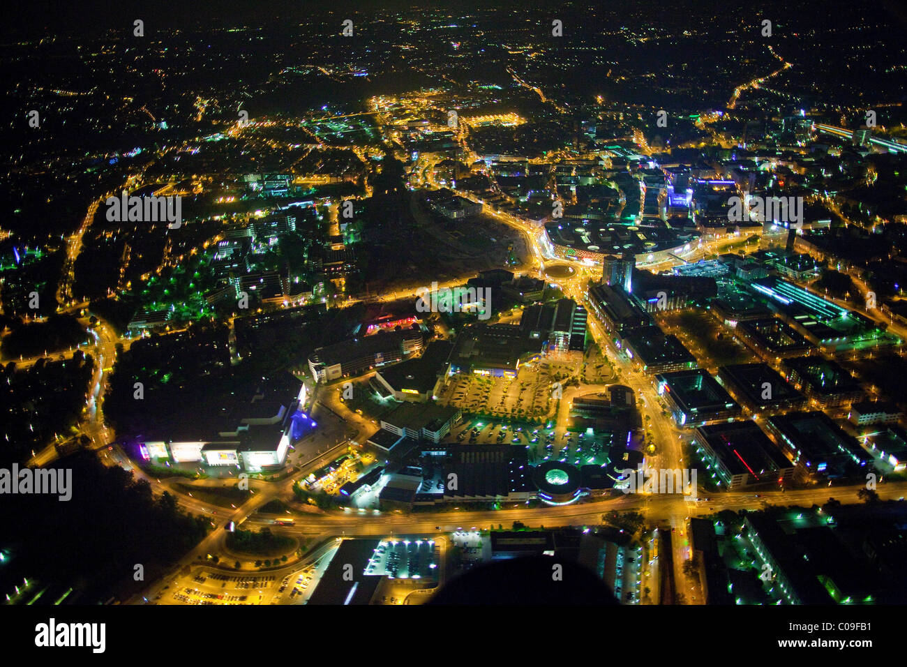 Aerial view, night shot, Essen, Ruhrgebiet region, North Rhine ...