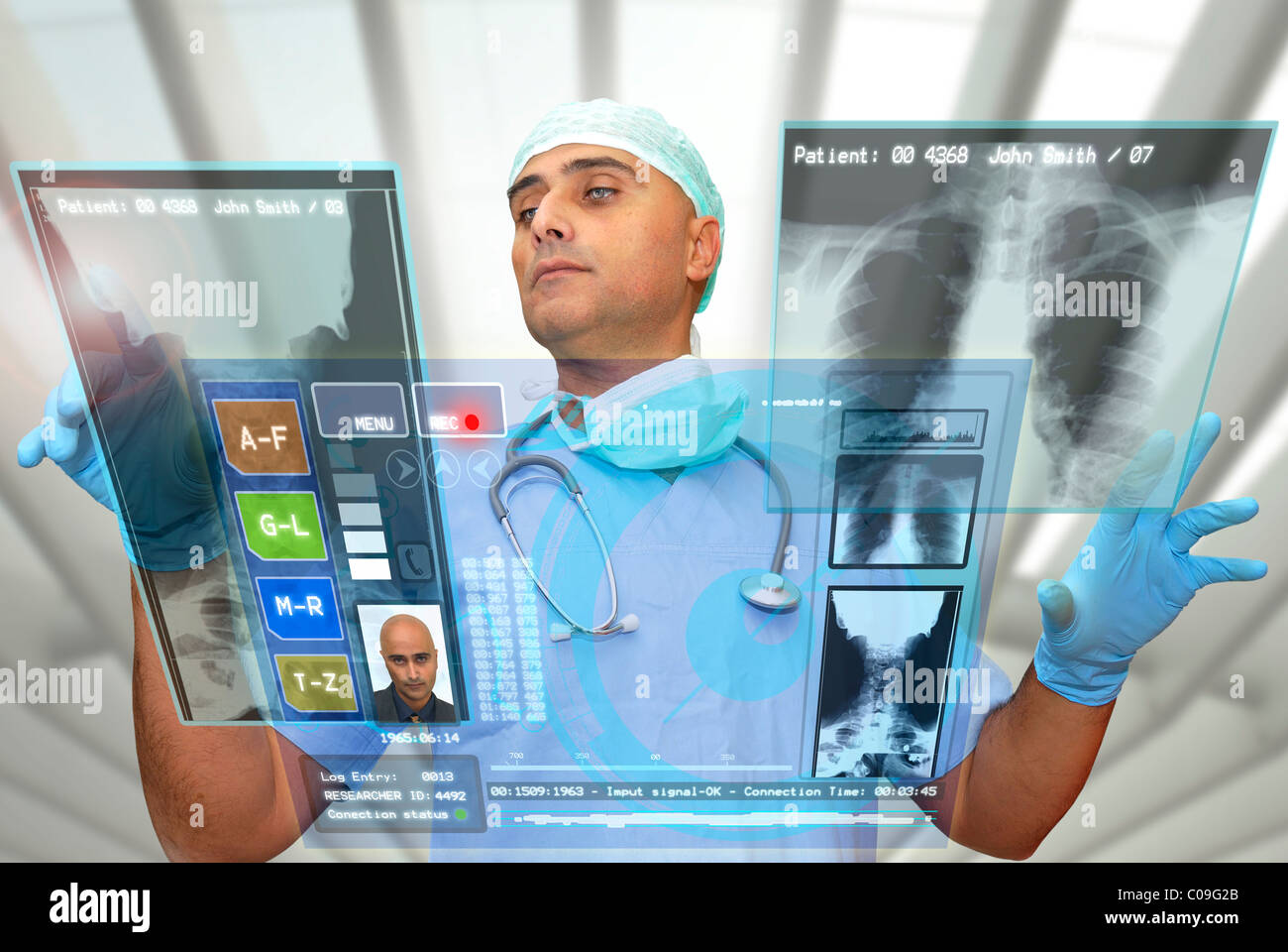 Doctor with high-tech computer screen viewing patient data Stock Photo ...