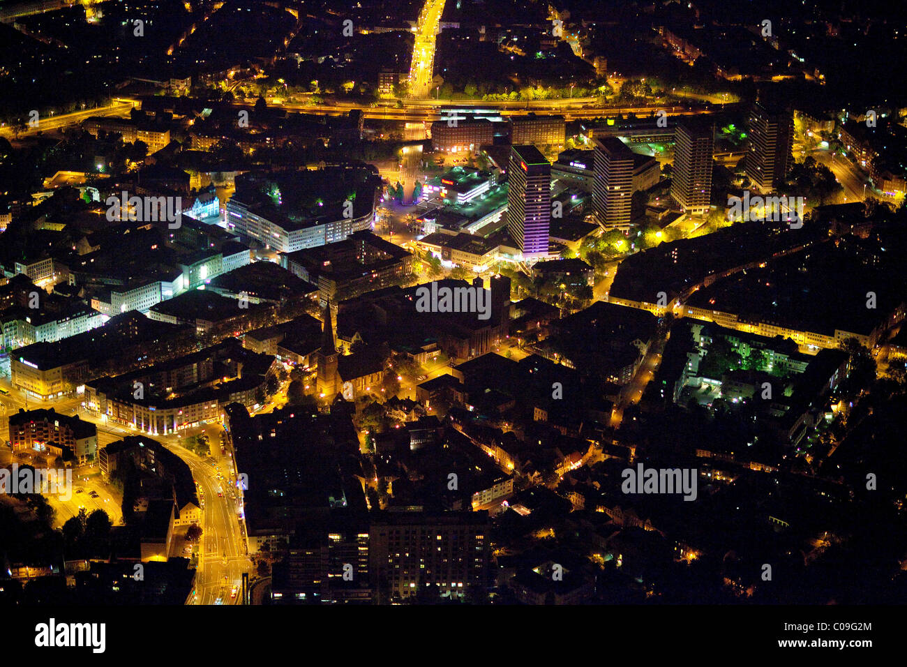 Aerial view, night, Muelheim an der Ruhr, Ruhrgebiet region, North ...