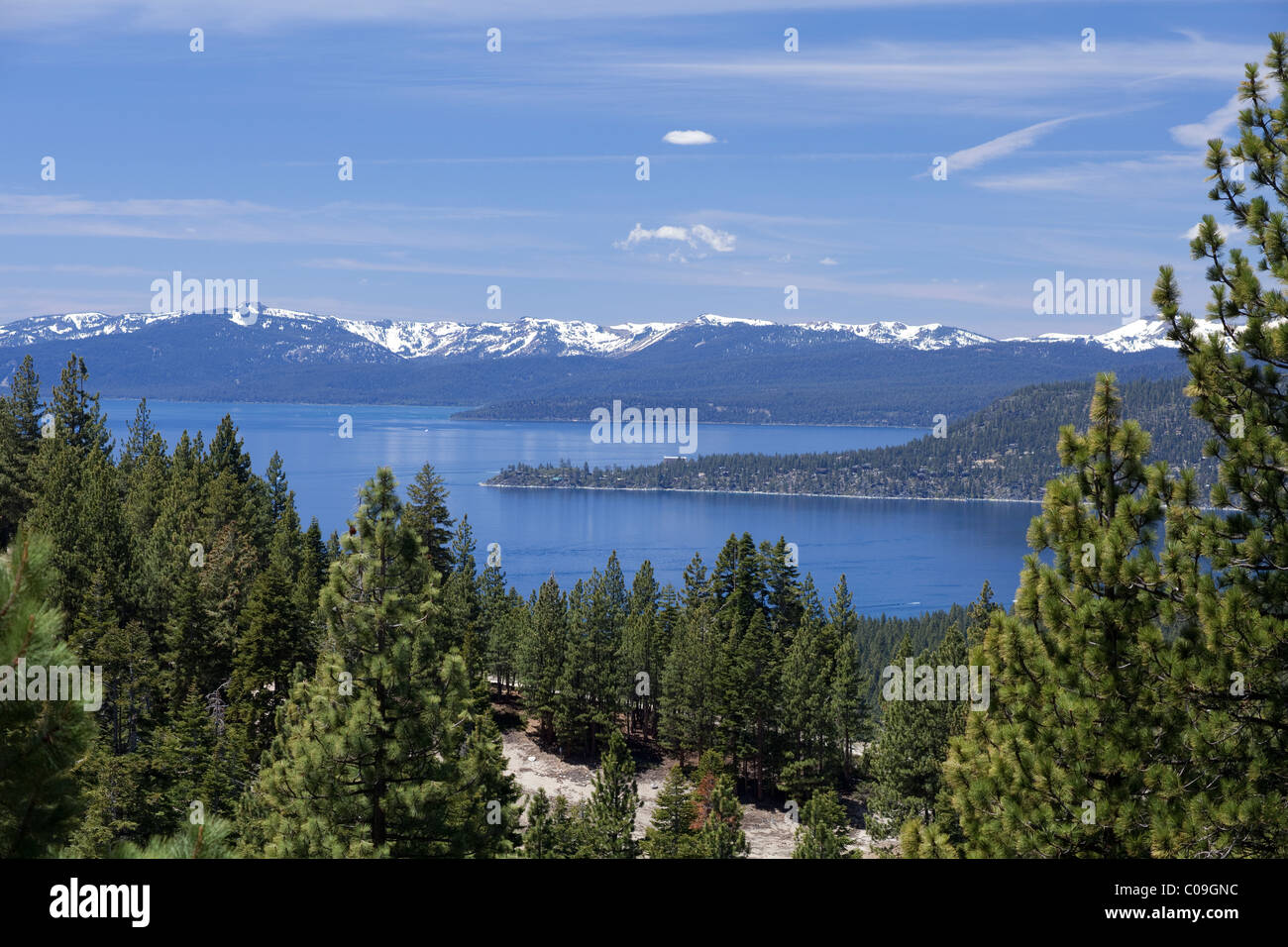 Lake Tahoe looking northwest toward Crystal Bay and the snow-capped ...
