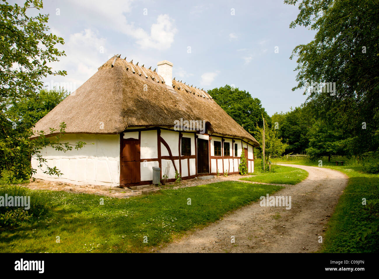 Idyllic old half-timbered house, the Funen Village open air museum ...
