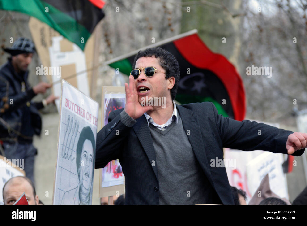 Angry anti Gaddafi regime protester at Libyan Embassy demonstration ...