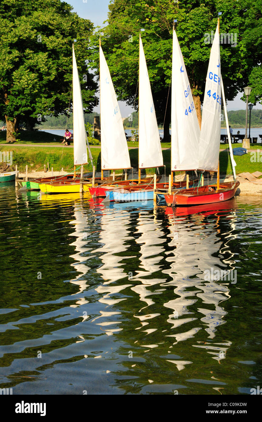 Colourful sailing boats in the harbor of Prien on Lake Chiemsee ...