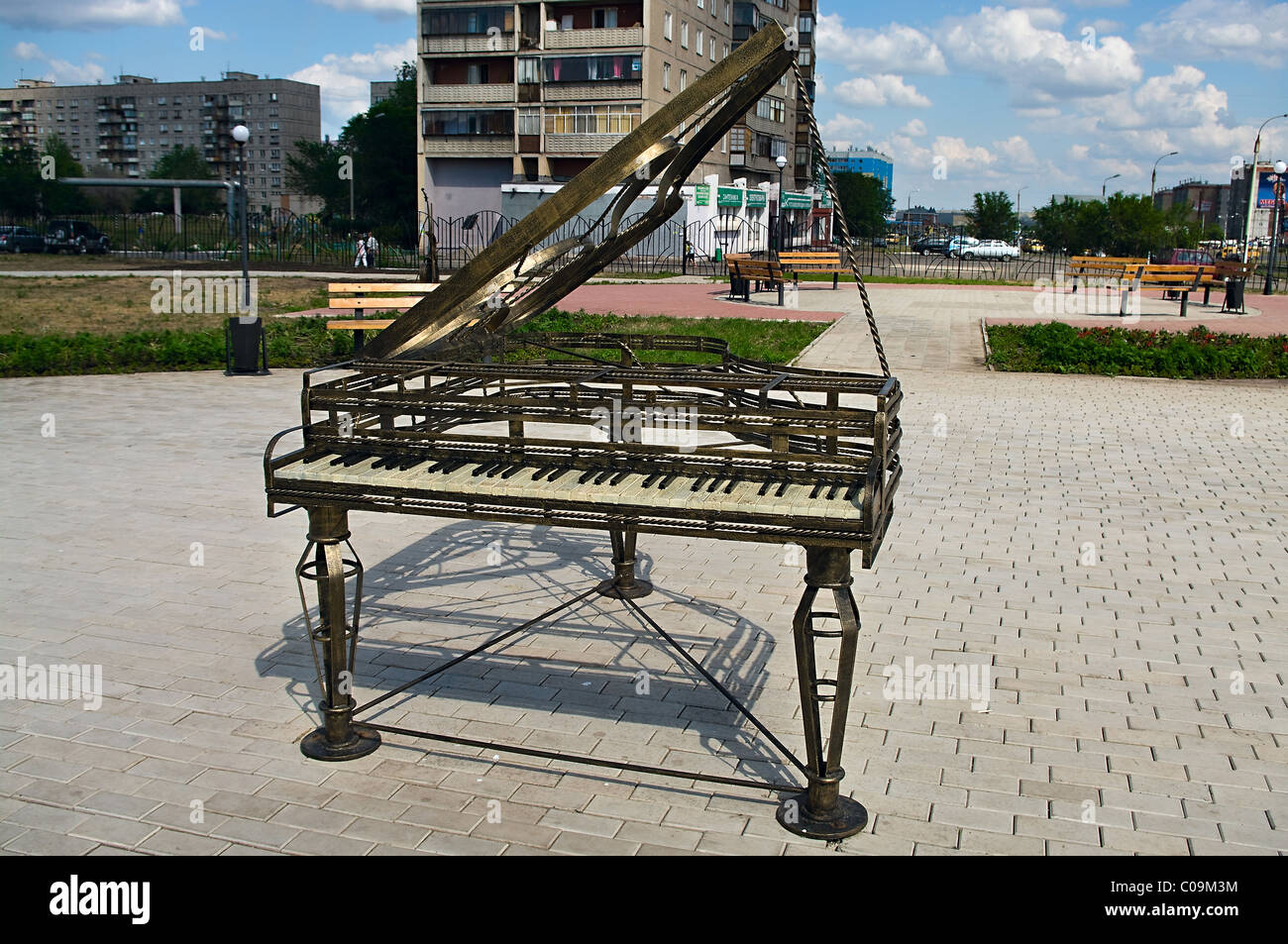 Musical statues a instruments from bronze in street of Chelyabinsk ...