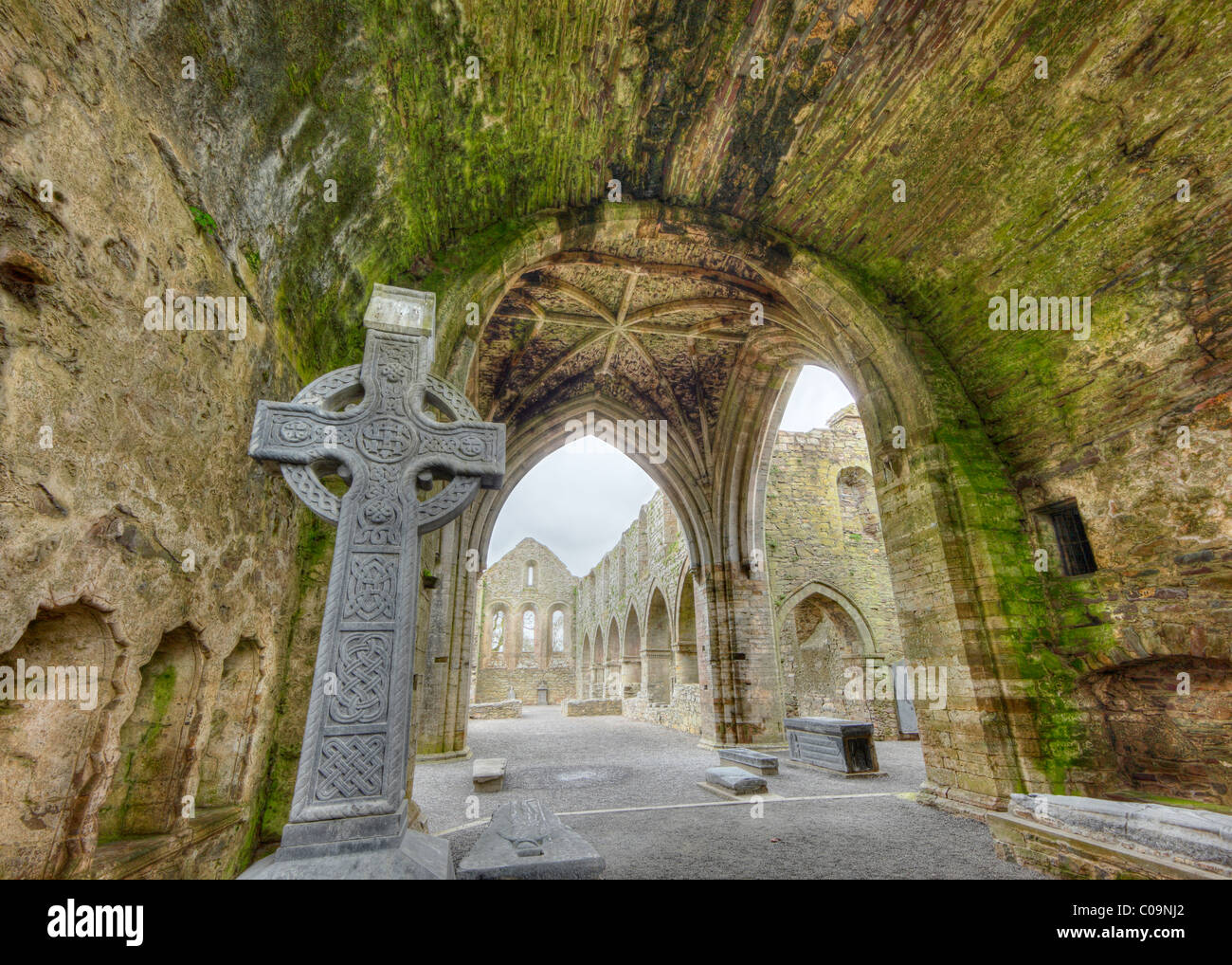 Decorated stone cross in monastery ruins, Jerpoint Abbey, County ...