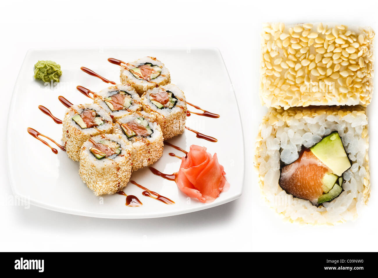 suchi white plate isolated on white vasabi Stock Photo - Alamy