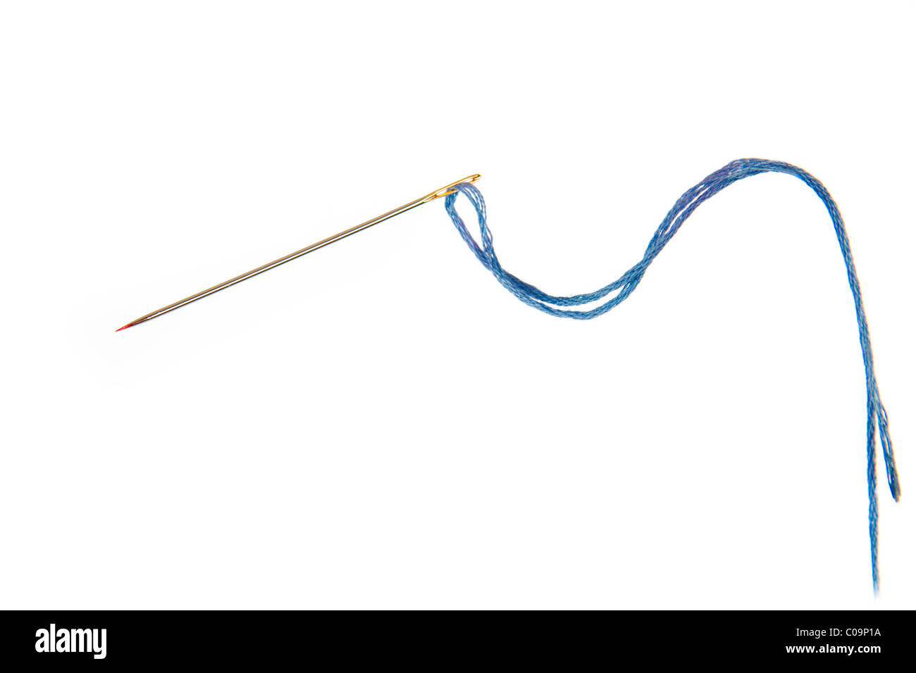 Images of a needle with a red edge and the blue thread, isolated, on a ...