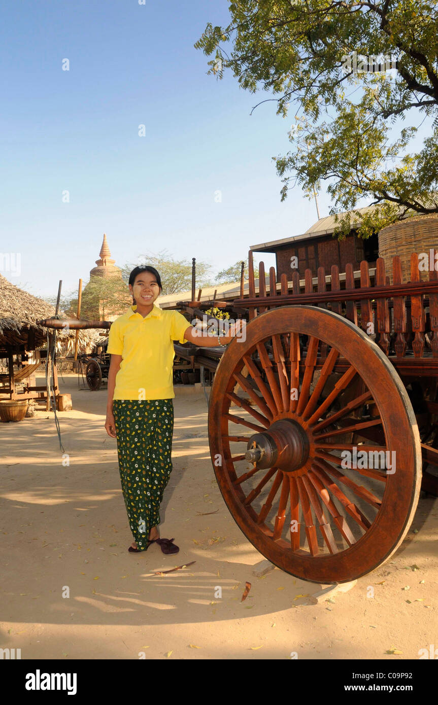 Burmese woman with wrap skirt at an ox cart with spoked wheels in a ...
