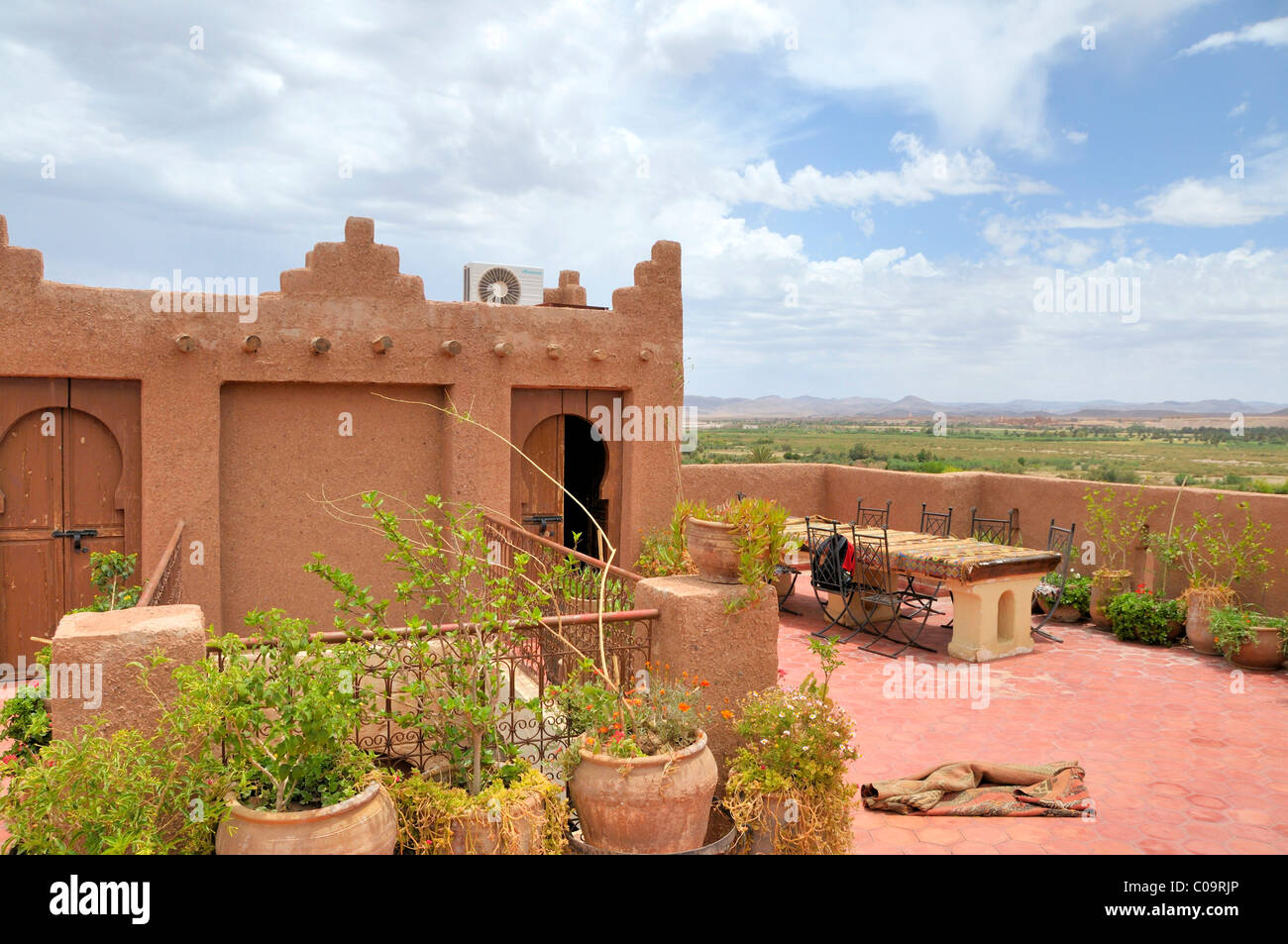 Roof terrace of a Riad, rammed earth architecture in the old town or ...