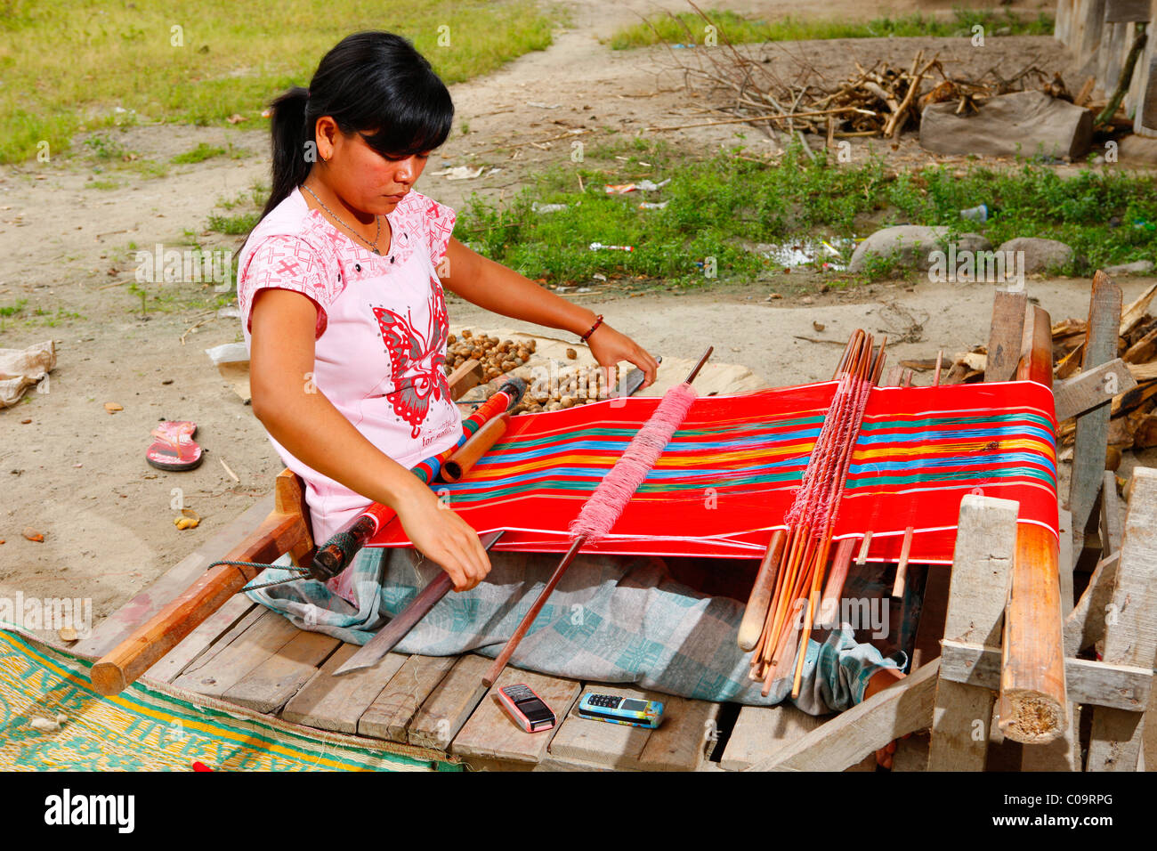 Woman at a loom, Batak culture, Samosir island, Lake Toba, Batak region ...