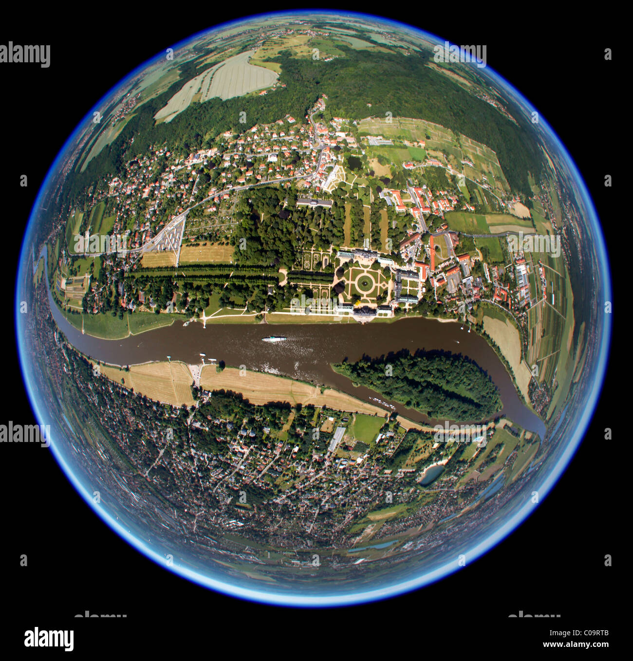 Aerial view, fisheye, Schloss Pillnitz castle, Baroque garden, Elbe ...