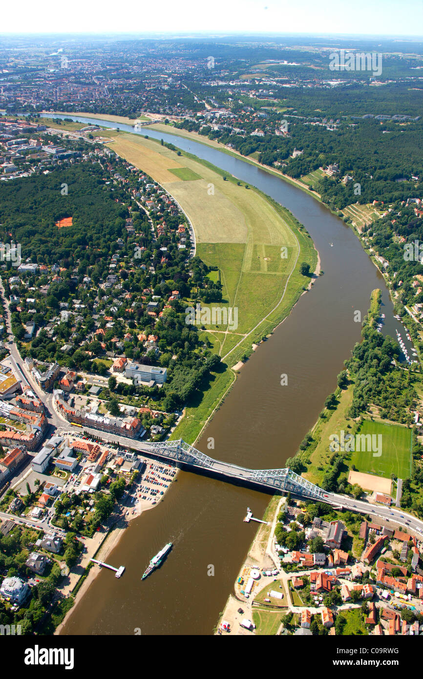 Aerial view, so called Blaues Wunder new Elbe bridge, UNESCO World ...