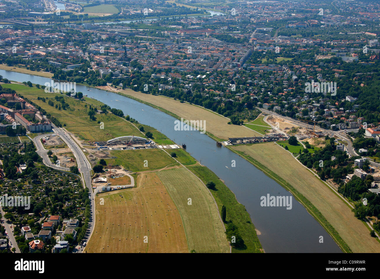 Aerial view, so called Blaues Wunder new Elbe bridge, UNESCO World ...