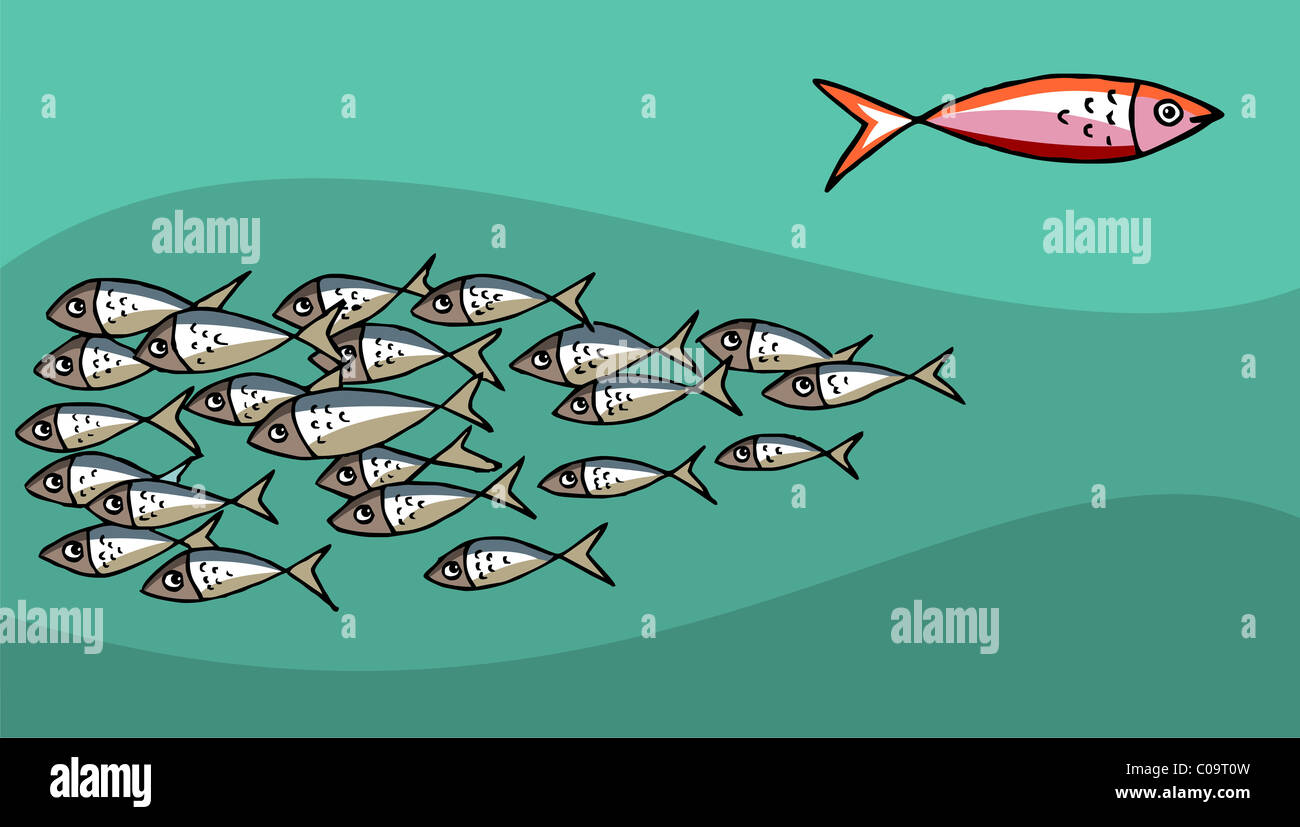 Different Fish Swimming Against The Tide. Green Background. Vector ...