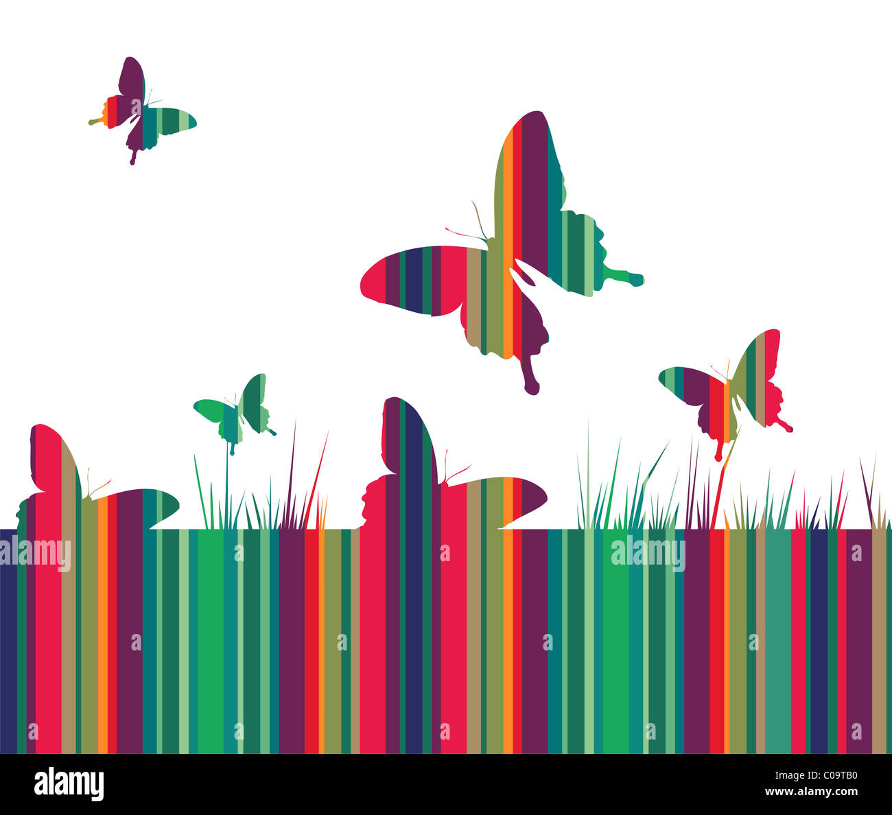 Butterfly and spring motif design. Striped colored texture with growing ...