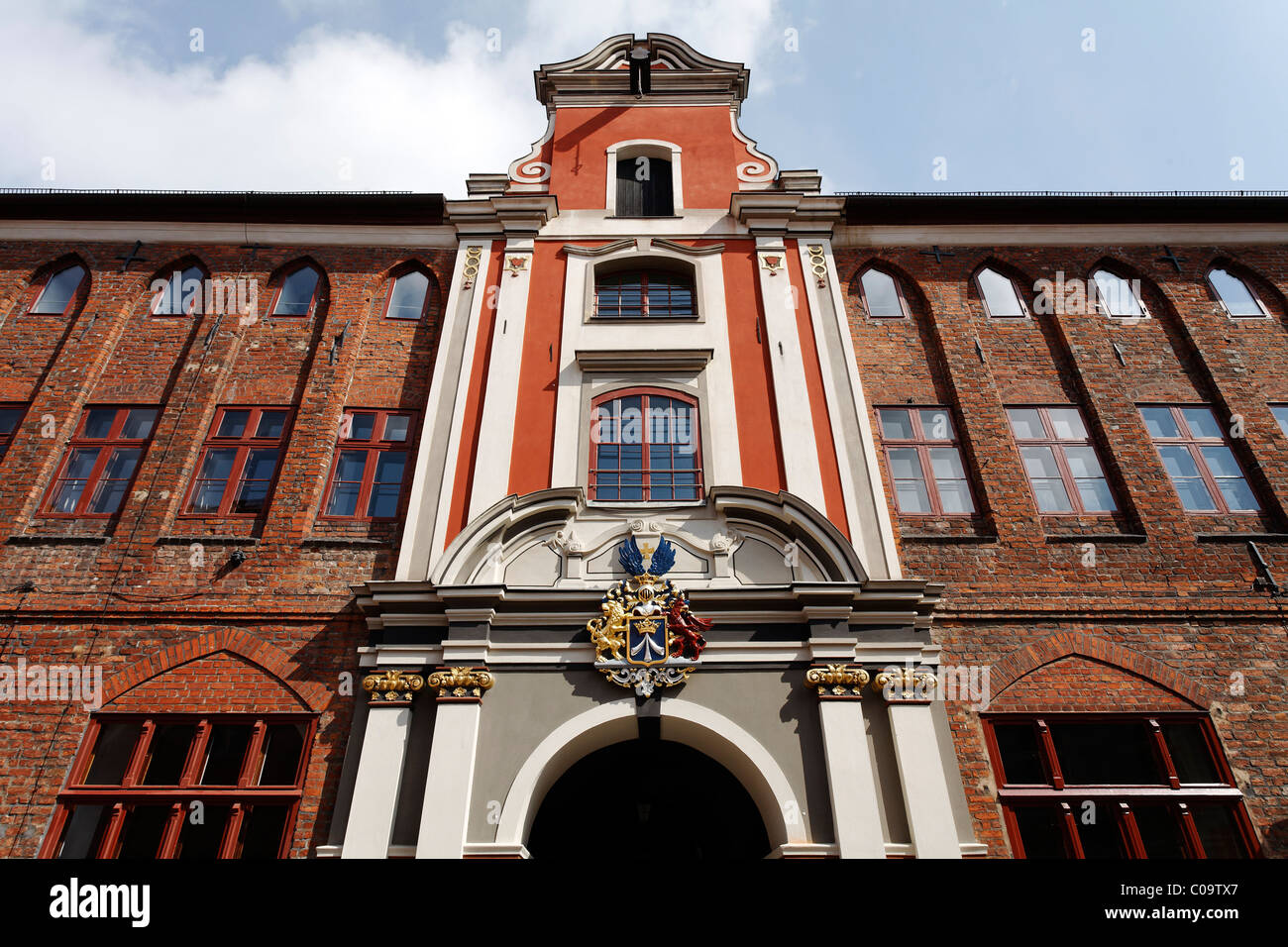 Historic city hall, side entrance with coat of arms, Stralsund, Baltic ...