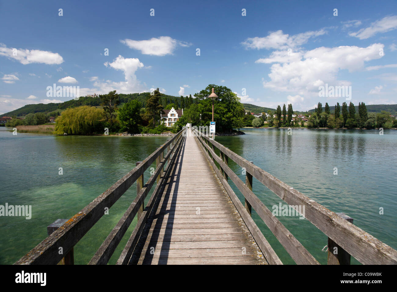 The Werdinsel island with wooden bridge and the chapel in the Untersee ...