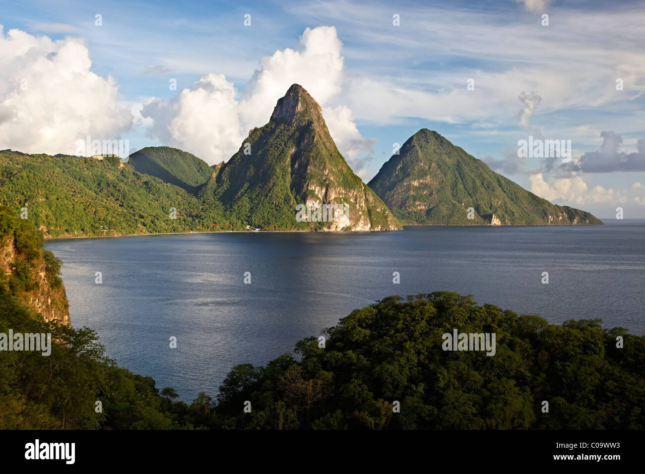 Piton Mountains, bay, rainforest, clouds, UNESCO World Heritage Site, Soufrière, Saint Lucia ...