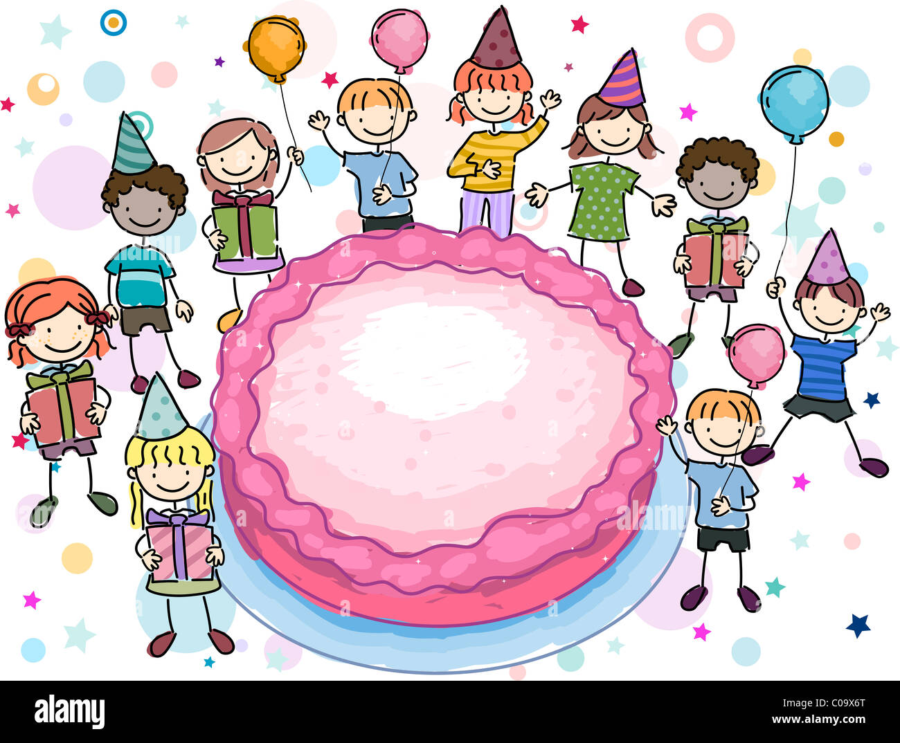 Illustration of a Birthday Doodle Featuring Kids Surrounding a Large ...