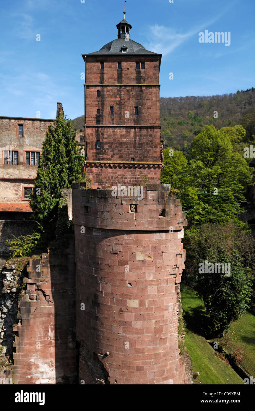 Heidelberg Castle, destroyed in 1689, at the front, Seltenleer prison ...