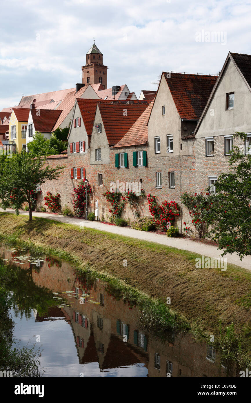 Kleine Woernitz river, city wall, Donauwoerth, Donauried, Germany ...
