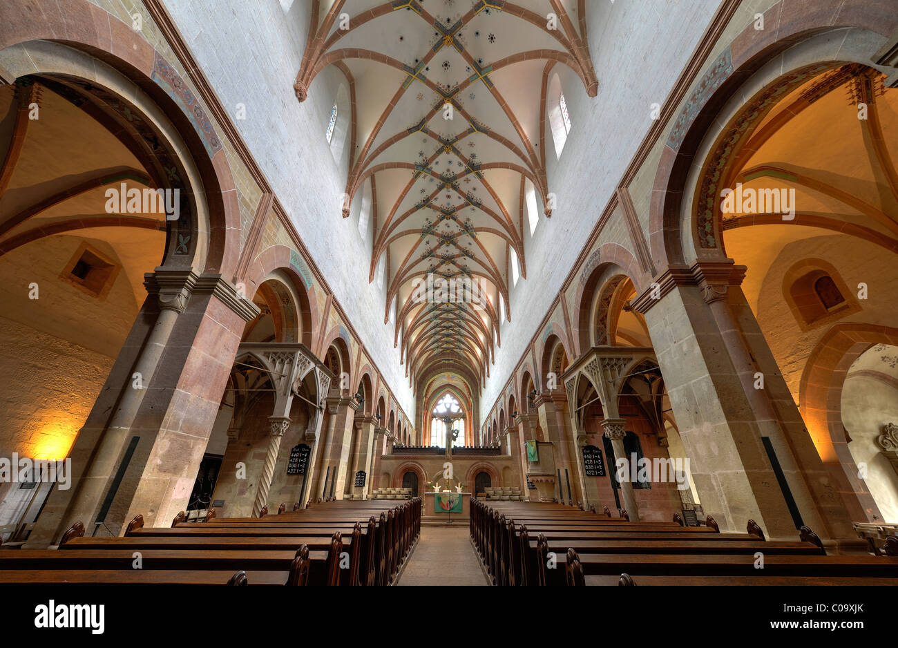 Interior, nave of the Lay Church with baldachins, crucifix, rib ...